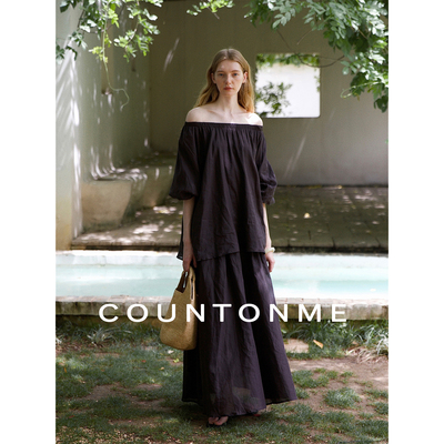 COUNTONME 泡泡袖苎麻一字肩上衣/半身裙套装