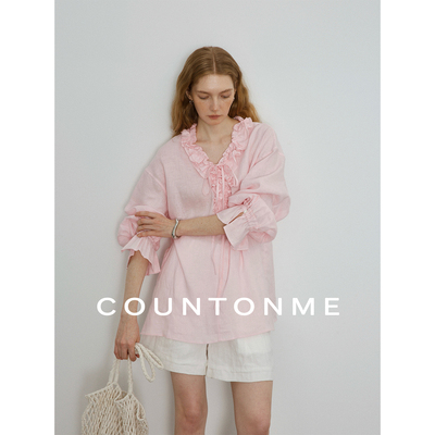 COUNTONME 法式浪漫/慵懒100%亚麻手工木耳边V领绑带宽松衬衫女