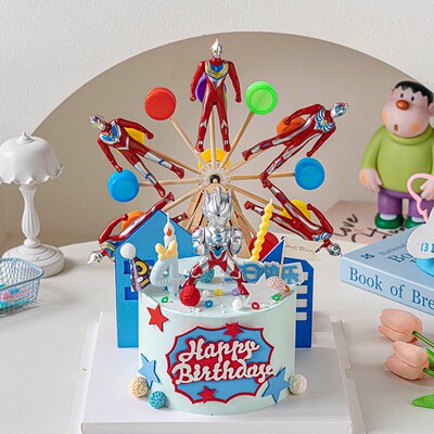 网红创意儿童生日蛋糕装饰旋转摩天轮咸蛋超人摆件转转大风车装扮