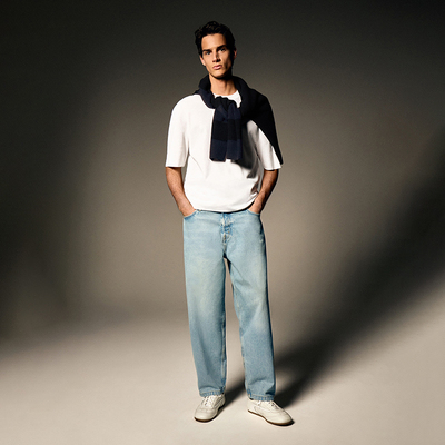 北欧风CS 男款 双面织圆领短袖针织上衣 白色/绿色 8518