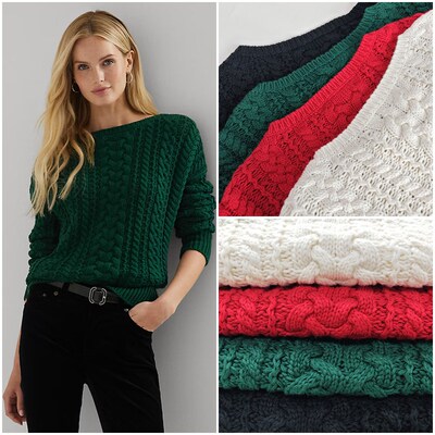 美式老钱风 女款 船领阿兰绞花落肩宽松长袖针织衫 D978