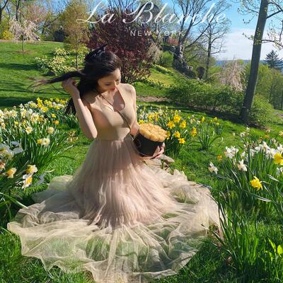 气质仙女连衣裙针织拼接网纱裸色