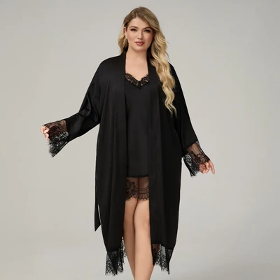 缎面雪纺女士睡袍春秋蕾丝花边长袖大码睡衣家居服套装3822+3807