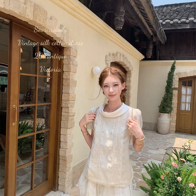 SourceWithU 南法少女 18醋酸50莱赛尔9麻碗领蕾丝上衣灯笼裤套