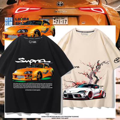 日系牛魔王SUPRA经典跑车印花短袖男女夏季宽松百搭休闲宽松T恤潮