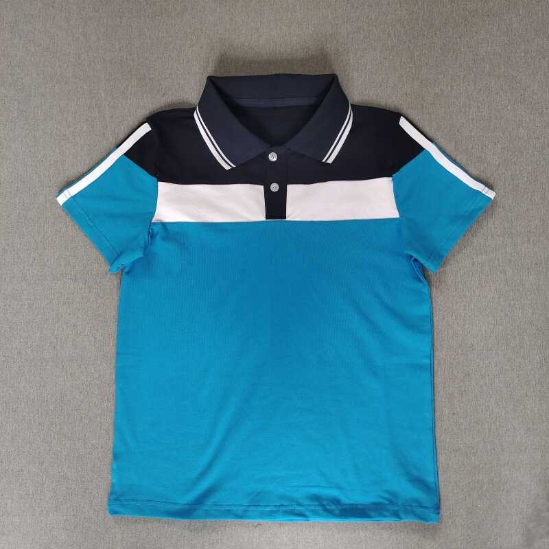 定做夏季男女校服同款短运动袖T恤蓝色拼接藏蓝色白色休闲POLO衫