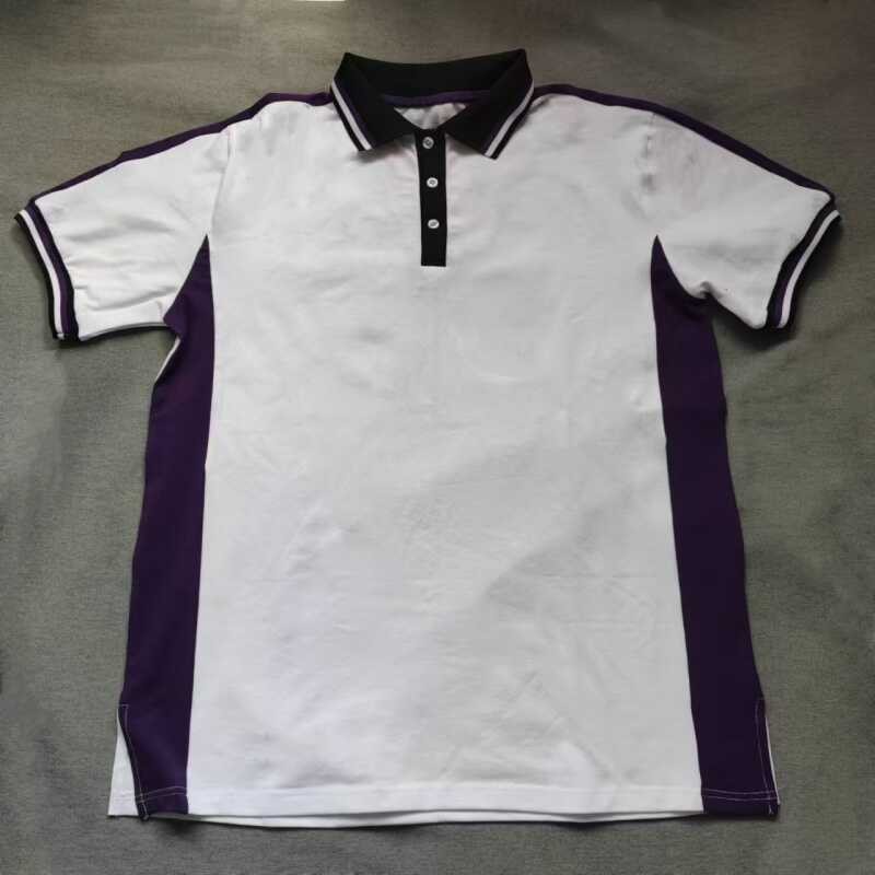 定做夏季男女校服同款运动短袖上衣白色拼接紫色翻领POLO衫T恤衫