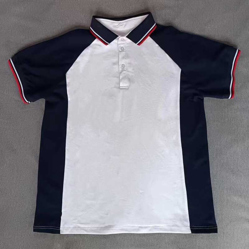 定做夏季男女校服同款短袖T恤衫白色拼接藏蓝色休闲翻领T恤POLO衫