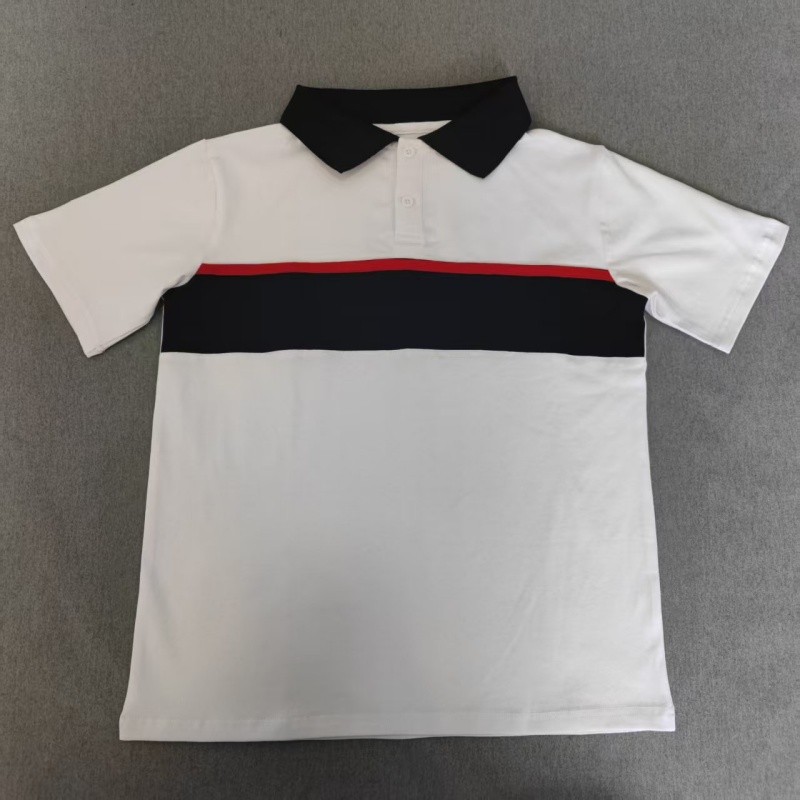 定做夏季男女校服同款运动短袖T恤衫白色拼接藏蓝色加红条POLO衫
