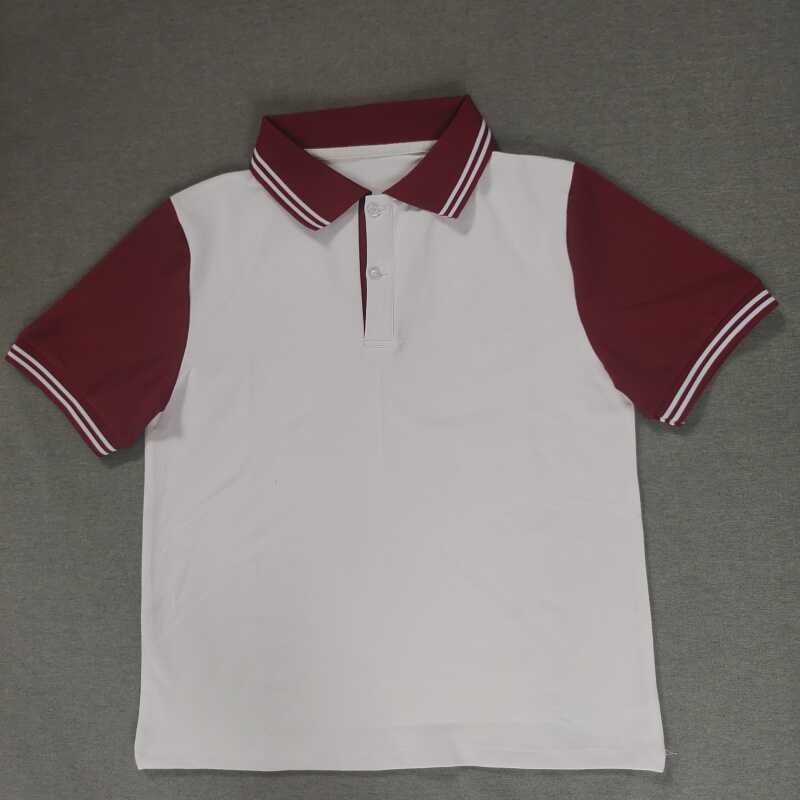 定做夏季男女校服同款T恤衫白色拼接酒红色翻领POLO衫运动短袖T恤