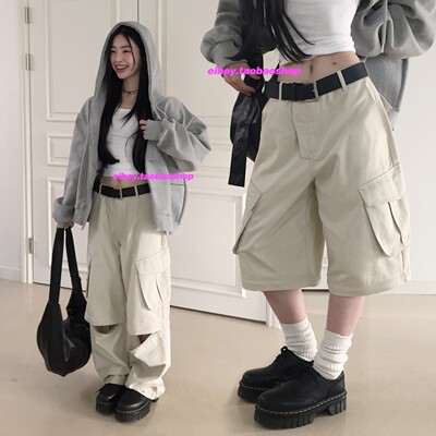 eihey诶嘿可拆卸工装口袋裤宽松休闲美式七分裤百搭显瘦工装长裤