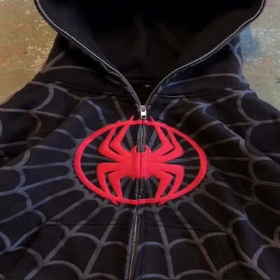 American Spider Pattern Embroidery Zip Up Hoodie Y2K Mens W