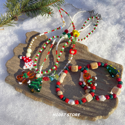 圣诞节彩色姜饼人串珠手作女项链男款圣诞树毛衣链趣味情侣款配饰