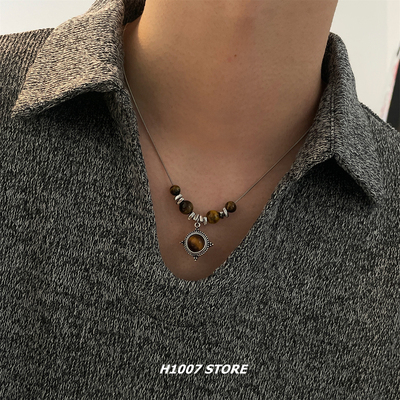 设计师款虎眼石芒星串珠男项链女小众设计毛衣链复古民族风锁骨链