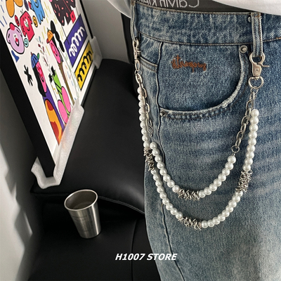 珍珠链条拼接双层男款裤链女小众设计感腰链嘻哈牛仔裤工装裤链新