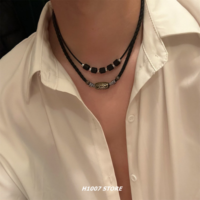 民族风编织天珠桶珠项链小众设计高级感女锁骨链国潮情侣款毛衣链