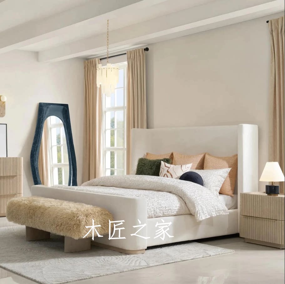 简约布艺卧室床双人床头柜北欧轻奢1.8米主卧婚床卧室梳妆台定制