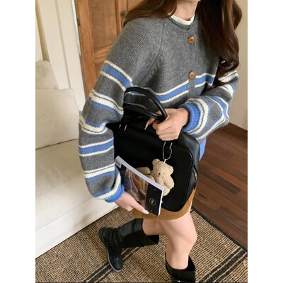 亦梦3th Morning 古着 减龄撞色条纹卷边圆领针织开衫ZY3618