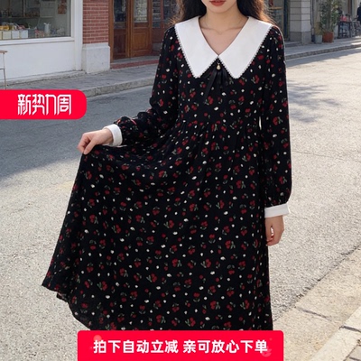 甜美A字裙聚酯纤维碎花翻领