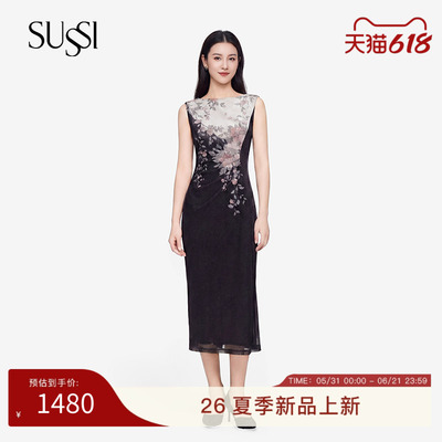 古色26夏无袖印花后开衩连衣裙