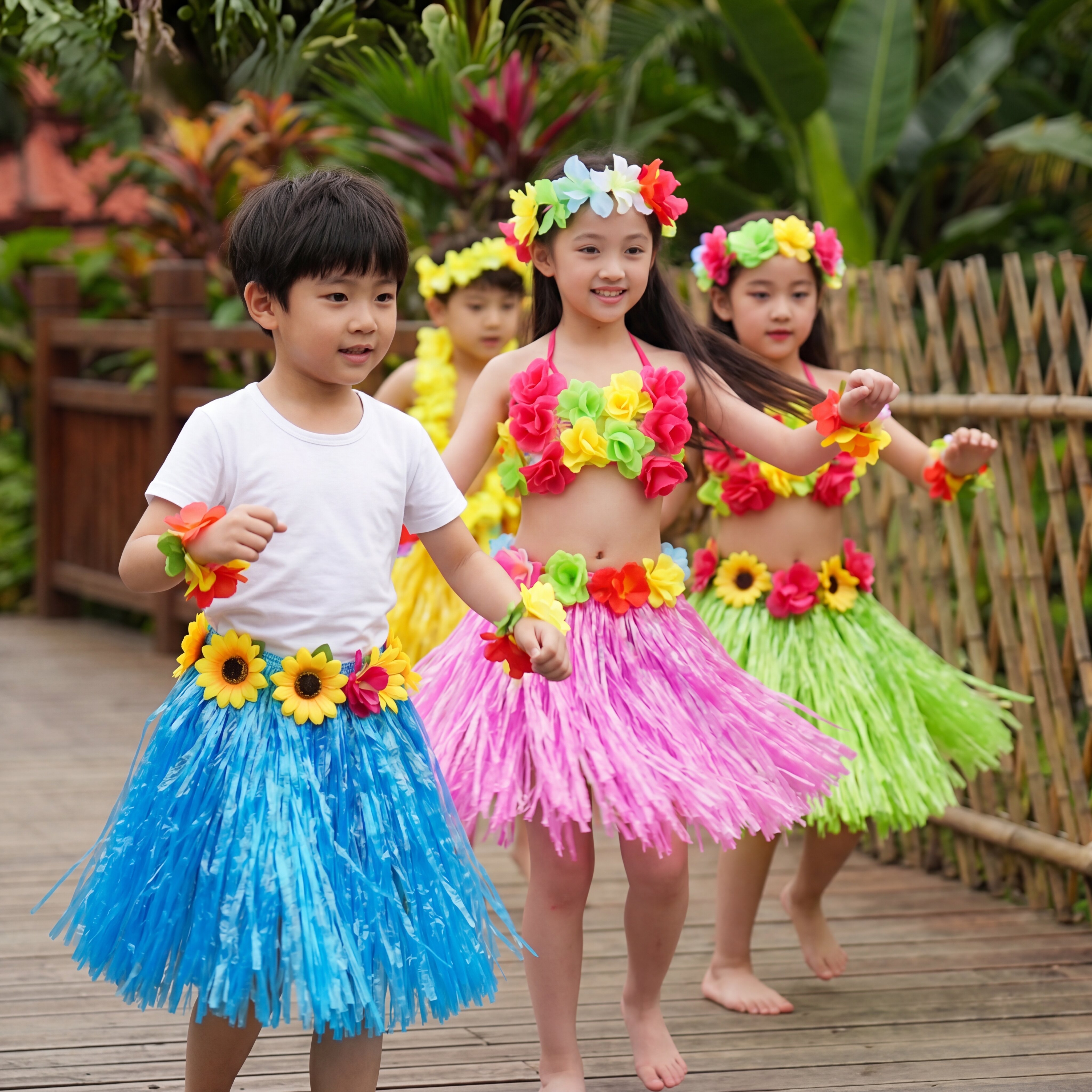 儿童夏威夷草裙舞套装五件套六一幼儿园表演海草舞派对装扮服配饰