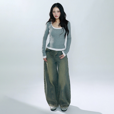 LOCALMANSION原创设计 蝴蝶结铆钉图案切线水洗做旧牛仔裤香蕉裤