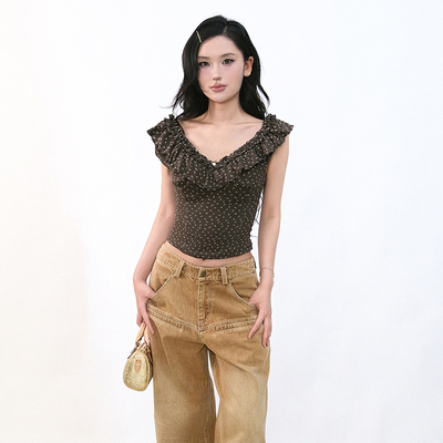 LOCALMANSION原创设计 美式v领木耳边修身小碎花针织背心