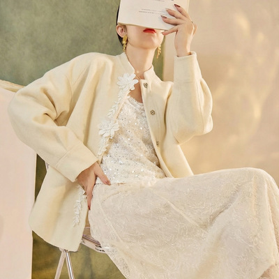 冬季新款纯色时尚大衣新中式国风百搭立体花朵毛呢外套女 NY058