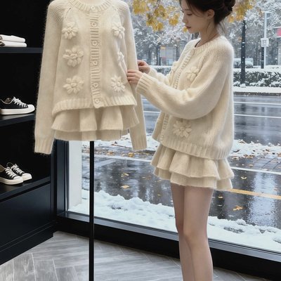 2025韩系秋冬装一整套温婉风花朵针织开衫毛衣外套女半身裙套装女