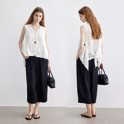 多着后背镂空花拼接亚麻无袖衬衫