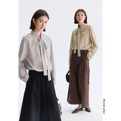 多着飘带半门襟条纹小立领衬衫