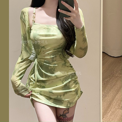 扎染金属世可儿遮肉连体泳衣女