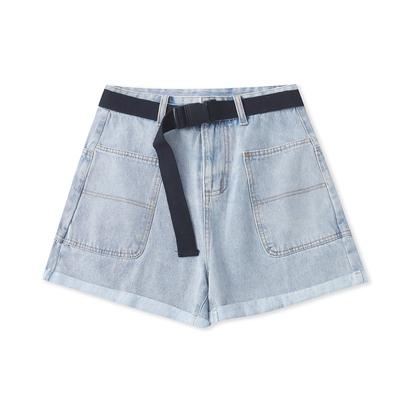 高腰牛仔热裤夏新款外贸女装时尚百搭水洗显瘦工装翻边短裤18414