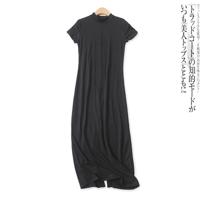 纯色百搭中领后开叉短袖连衣裙