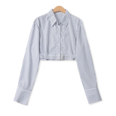 收腰条纹衬衫春新款外贸女装时尚百搭修身单排扣长袖短上衣19624