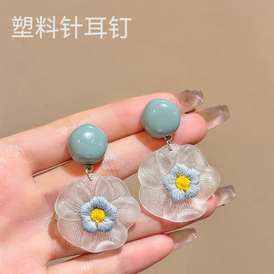 塑料针耳钉清新透明花朵耳环温柔风蓝色树脂耳夹新耳洞防过敏耳饰