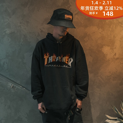 thrasherHOODED火焰logo帽衫