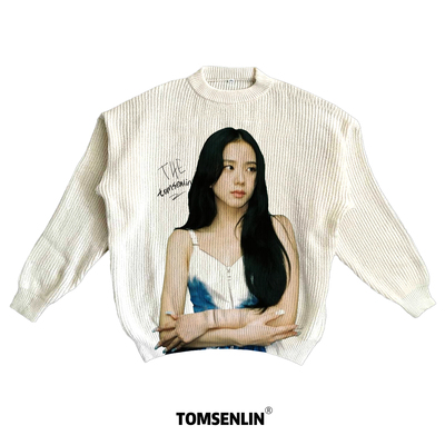 tomsenlin-BLACKPINK-金智秀人像美式康丽印花慵懒休闲毛衣