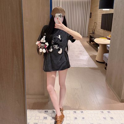 童趣卡通米奇印花短袖T恤女水洗做旧宽松中长款下衣失踪圆领上衣