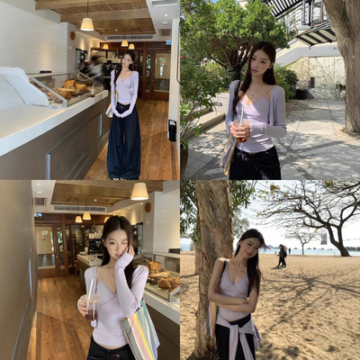 针织开衫女春季2026超火减龄上衣v领短款罩衫紫色毛衣外套