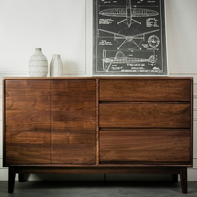 北欧黑胡桃实木餐边柜简约日式客厅玄关柜储物收纳柜三斗柜