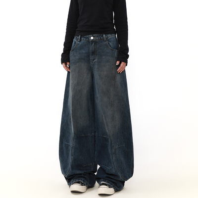 MRNEARLY水洗做旧弯刀阔腿牛仔裤