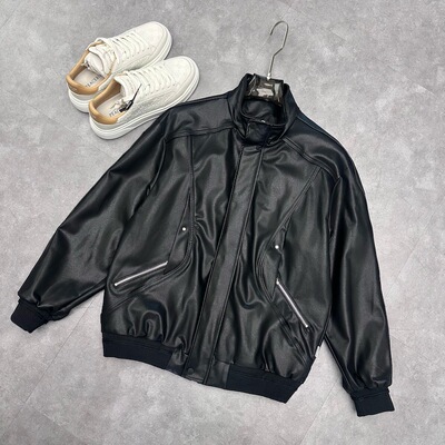 男装秋冬新款休闲宽松立领皮衣潮流机车服PU皮夹克外套 B2BCF4119