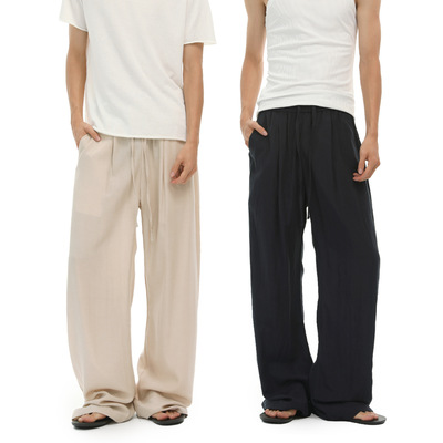MTLCLOTHES男装韩系莱赛尔简约纯色系带松紧亚麻阔腿日常休闲裤潮