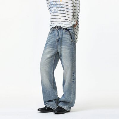 MTLCLOTHES男装韩版vibe磨白做旧猫须纹宽松休闲阔腿水洗牛仔裤潮