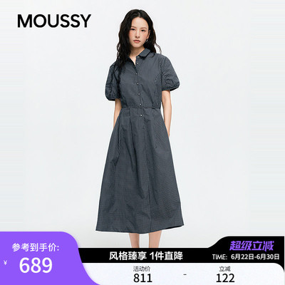 MOUSSY 26夏季新品文艺泡泡袖格纹衬衫连衣裙028JSC33-1034