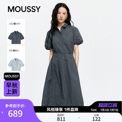 MOUSSY 26夏季新品文艺泡泡袖格纹衬衫连衣裙028JSC33-1034