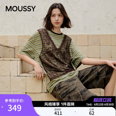 MOUSSY早春新品复古风蕾丝假两件条纹短袖T恤028JSX90-1093