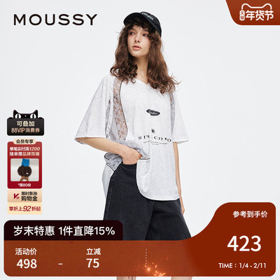 MOUSSY 2025夏季新品蕾丝拼接V领宽松篮球服印花T恤028ISA90-2921