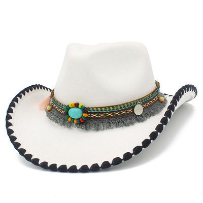 白色雪域民族风女牛仔帽藏族表演演出舞蹈帽翘边新疆男帽子西藏帽